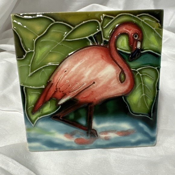 Art | Flamingo Hand Painted Ceramic Tile 6x6 Tropical Leaves Standing ...